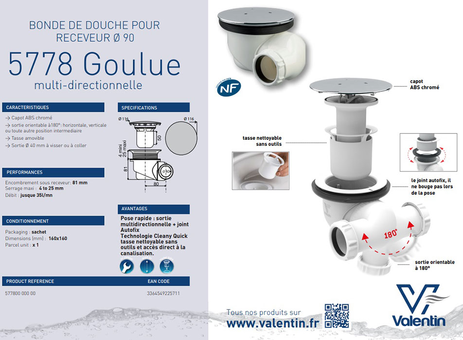 SIPHON RECEVEUR DOUCHE VALENTIN Ø 90 ORIENTABLE